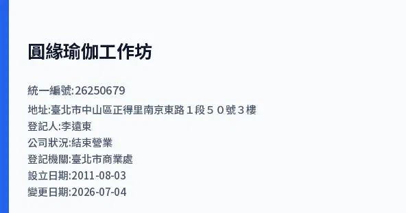 圓緣瑜伽工作坊的照片-統編 26250679(臺北市) 公司登記資料與營業項目詳細圖表