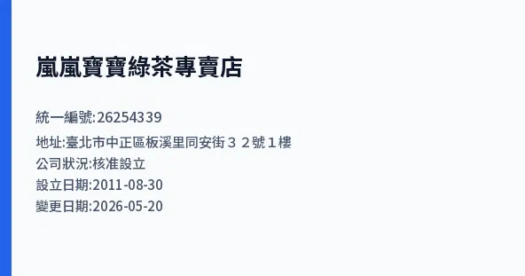 嵐嵐寶寶綠茶專賣店的照片-統編 26254339(臺北市) 公司登記資料與營業項目詳細圖表