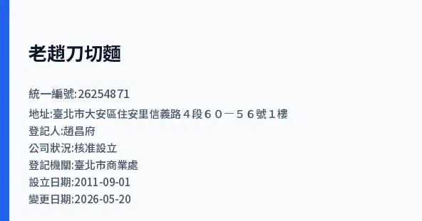 老趙刀切麵的照片-統編 26254871(臺北市) 公司登記資料與營業項目詳細圖表