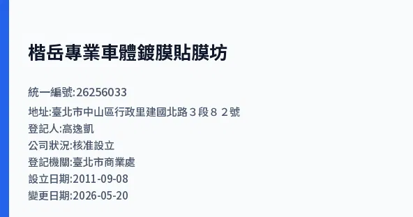 楷岳專業車體鍍膜貼膜坊的照片-統編 26256033(臺北市) 公司登記資料與營業項目詳細圖表