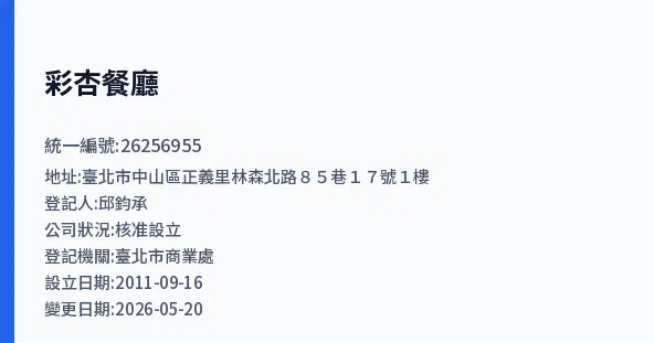 彩杏餐廳的照片-統編 26256955(臺北市) 公司登記資料與營業項目詳細圖表