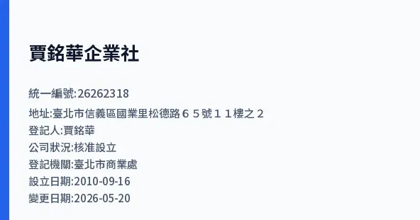 賈銘華企業社的照片-統編 26262318(臺北市) 公司登記資料與營業項目詳細圖表