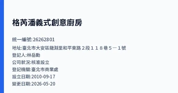 格芮潘義式創意廚房的照片-統編 26262801(臺北市) 公司登記資料與營業項目詳細圖表