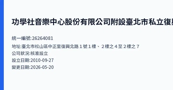 功學社音樂中心股份有限公司附設臺北市私立復興文理技藝短期補習班第一分班的照片-統編 26264081(臺北市) 公司登記資料與營業項目詳細圖表