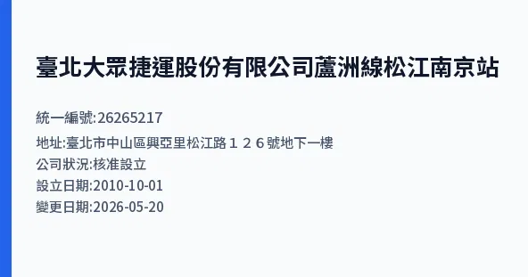 臺北大眾捷運股份有限公司蘆洲線松江南京站的照片-統編 26265217(臺北市) 公司登記資料與營業項目詳細圖表