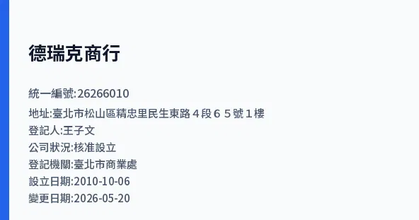 德瑞克商行的照片-統編 26266010(臺北市) 公司登記資料與營業項目詳細圖表