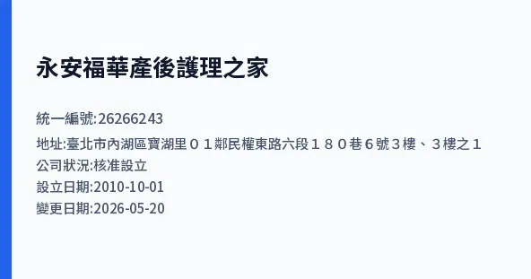 永安福華產後護理之家的照片-統編 26266243(臺北市) 公司登記資料與營業項目詳細圖表