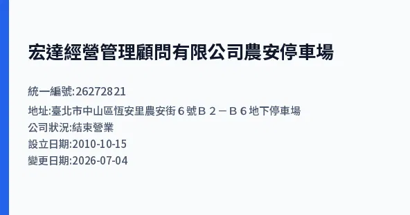 宏達經營管理顧問有限公司農安停車場的照片-統編 26272821(臺北市) 公司登記資料與營業項目詳細圖表
