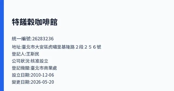 特饈穀咖啡館的照片-統編 26283236(臺北市) 公司登記資料與營業項目詳細圖表