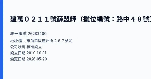 建萬0211號薛盟輝(攤位編號:路中48號)的照片-統編 26283480(臺北市) 公司登記資料與營業項目詳細圖表