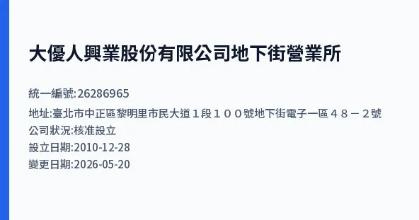 大優人興業股份有限公司地下街營業所的照片-統編 26286965(臺北市) 公司登記資料與營業項目詳細圖表