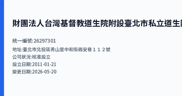 財團法人台灣基督教道生院附設臺北市私立道生院老人長期照顧中心(養護型)的照片-統編 26297301(臺北市) 公司登記資料與營業項目詳細圖表