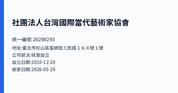 社團法人台灣國際當代藝術家協會的照片-統編 26298293(臺北市) 公司登記資料與營業項目詳細圖表