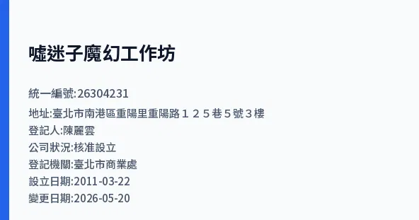 噓迷子魔幻工作坊的照片-統編 26304231(臺北市) 公司登記資料與營業項目詳細圖表