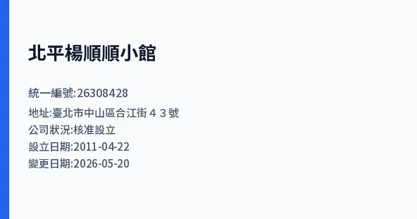 北平楊順順小館的照片-統編 26308428(臺北市) 公司登記資料與營業項目詳細圖表