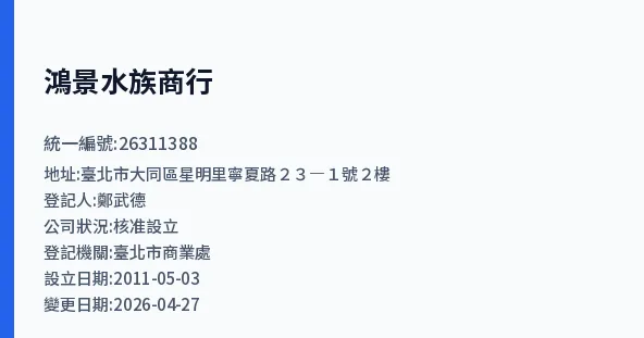 鴻景水族商行的照片-統編 26311388(臺北市) 公司登記資料與營業項目詳細圖表