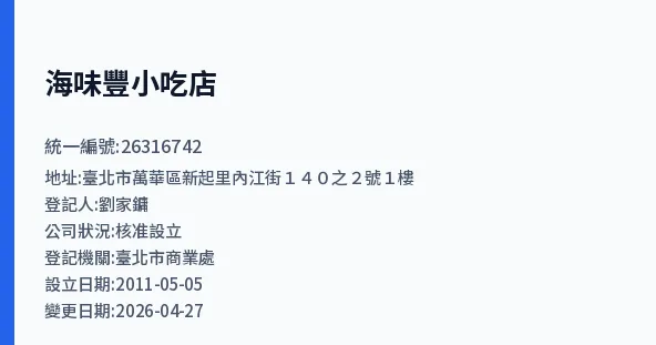 海味豐小吃店的照片-統編 26316742(臺北市) 公司登記資料與營業項目詳細圖表