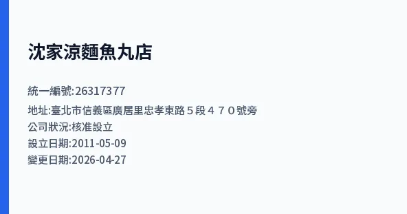沈家涼麵魚丸店的照片-統編 26317377(臺北市) 公司登記資料與營業項目詳細圖表