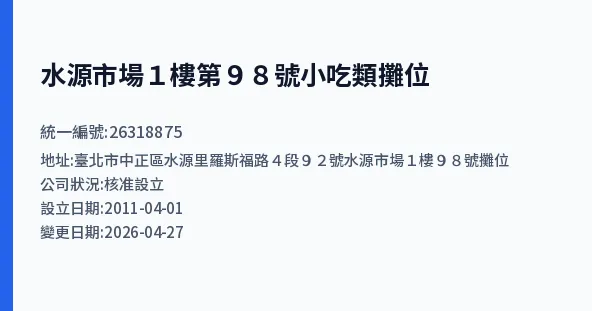 水源市場1樓第98號小吃類攤位的照片-統編 26318875(臺北市) 公司登記資料與營業項目詳細圖表