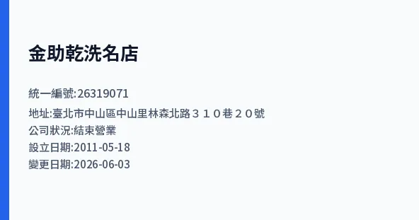 金助乾洗名店的照片-統編 26319071(臺北市) 公司登記資料與營業項目詳細圖表