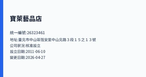 寶萊藝品店的照片-統編 26323461(臺北市) 公司登記資料與營業項目詳細圖表