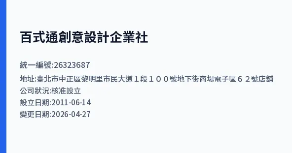 百式通創意設計企業社的照片-統編 26323687(臺北市) 公司登記資料與營業項目詳細圖表