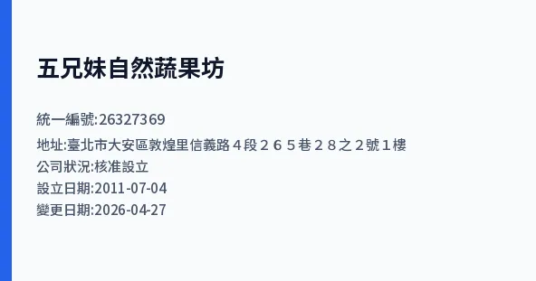 五兄妹自然蔬果坊的照片-統編 26327369(臺北市) 公司登記資料與營業項目詳細圖表