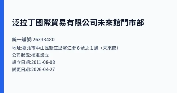 泛拉丁國際貿易有限公司未來館門市部的照片-統編 26333480(臺北市) 公司登記資料與營業項目詳細圖表