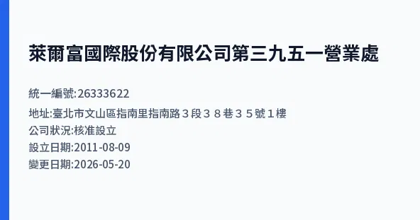 萊爾富國際股份有限公司第三九五一營業處的照片-統編 26333622(臺北市) 公司登記資料與營業項目詳細圖表