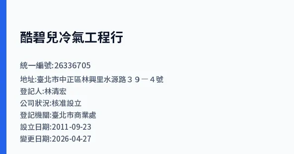 酷碧兒冷氣工程行的照片-統編 26336705(臺北市) 公司登記資料與營業項目詳細圖表