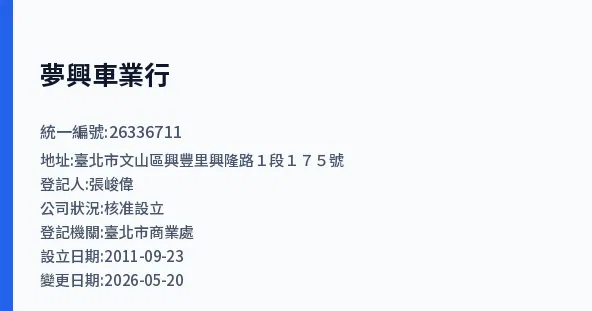 夢興車業行的照片-統編 26336711(臺北市) 公司登記資料與營業項目詳細圖表