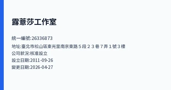 露薏莎工作室的照片-統編 26336873(臺北市) 公司登記資料與營業項目詳細圖表