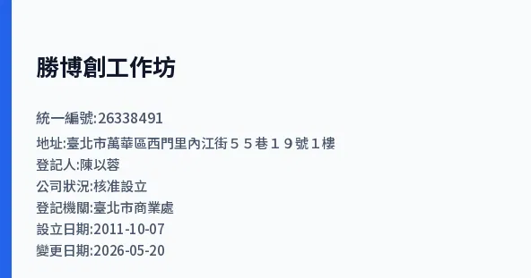 勝博創工作坊的照片-統編 26338491(臺北市) 公司登記資料與營業項目詳細圖表