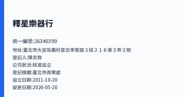 釋星樂器行的照片-統編 26340399(臺北市) 公司登記資料與營業項目詳細圖表