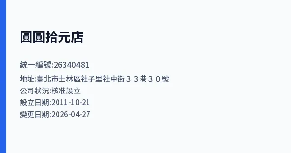 圓圓拾元店的照片-統編 26340481(臺北市) 公司登記資料與營業項目詳細圖表