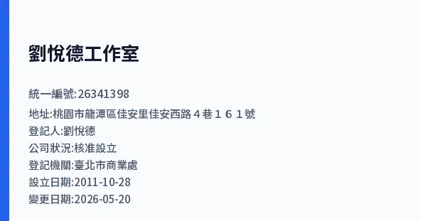 劉悅德工作室的照片-統編 26341398(桃園市) 公司登記資料與營業項目詳細圖表