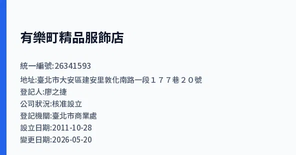 有樂町精品服飾店的照片-統編 26341593(臺北市) 公司登記資料與營業項目詳細圖表
