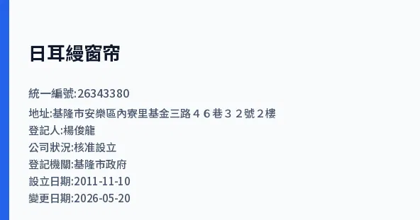 日耳縵窗帘的照片-統編 26343380(基隆市) 公司登記資料與營業項目詳細圖表