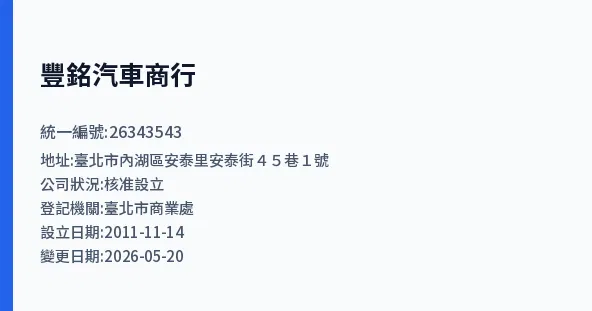 豐銘汽車商行的照片-統編 26343543(臺北市) 公司登記資料與營業項目詳細圖表