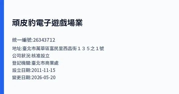 頑皮豹電子遊戲場業的照片-統編 26343712(臺北市) 公司登記資料與營業項目詳細圖表