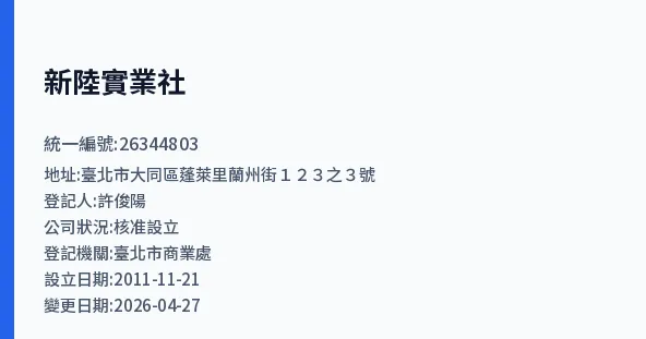 新陸實業社的照片-統編 26344803(臺北市) 公司登記資料與營業項目詳細圖表