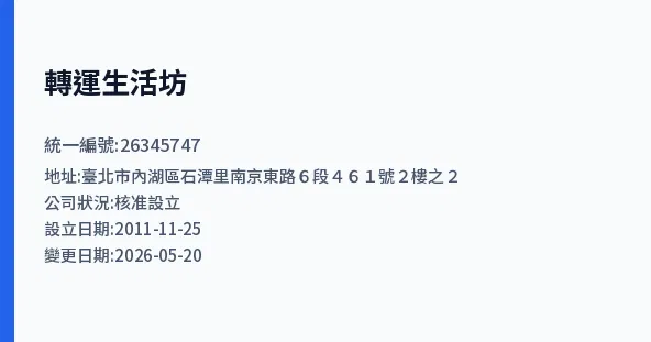 轉運生活坊的照片-統編 26345747(臺北市) 公司登記資料與營業項目詳細圖表