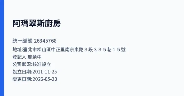 阿瑪翠斯廚房的照片-統編 26345768(臺北市) 公司登記資料與營業項目詳細圖表