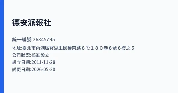 德安派報社的照片-統編 26345795(臺北市) 公司登記資料與營業項目詳細圖表