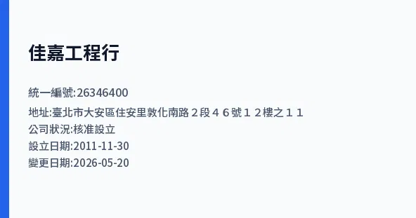 佳嘉工程行的照片-統編 26346400(臺北市) 公司登記資料與營業項目詳細圖表