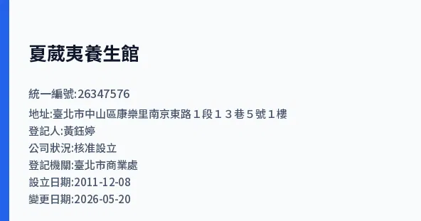 夏葳夷養生館的照片-統編 26347576(臺北市) 公司登記資料與營業項目詳細圖表