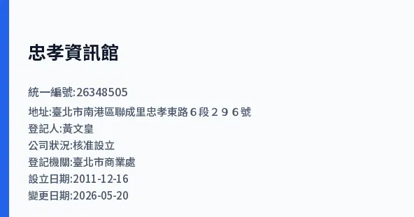 忠孝資訊館的照片-統編 26348505(臺北市) 公司登記資料與營業項目詳細圖表