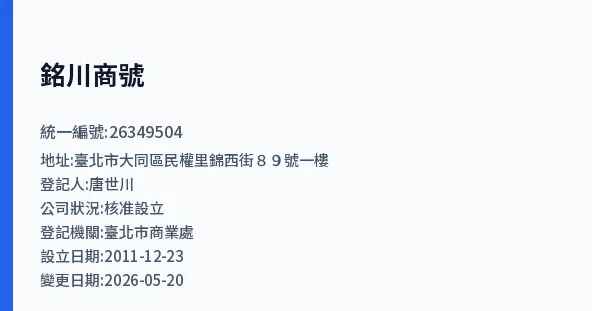 銘川商號的照片-統編 26349504(臺北市) 公司登記資料與營業項目詳細圖表