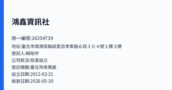 鴻鑫資訊社的照片-統編 26354739(臺北市) 公司登記資料與營業項目詳細圖表