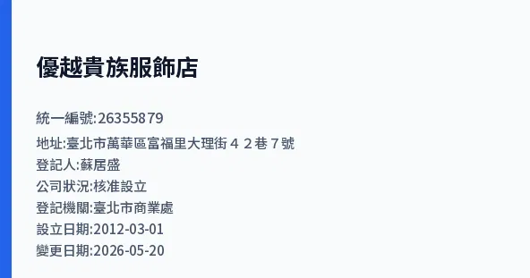 優越貴族服飾店的照片-統編 26355879(臺北市) 公司登記資料與營業項目詳細圖表